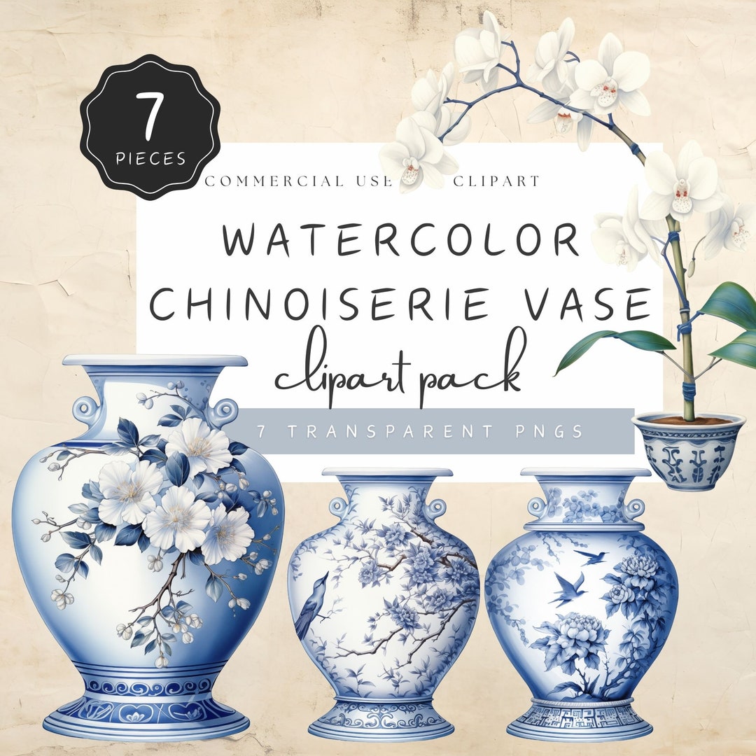 Chinoiserie Vase Clipart, Watercolor Delfts Blue Pot With Orchid, PNG ...