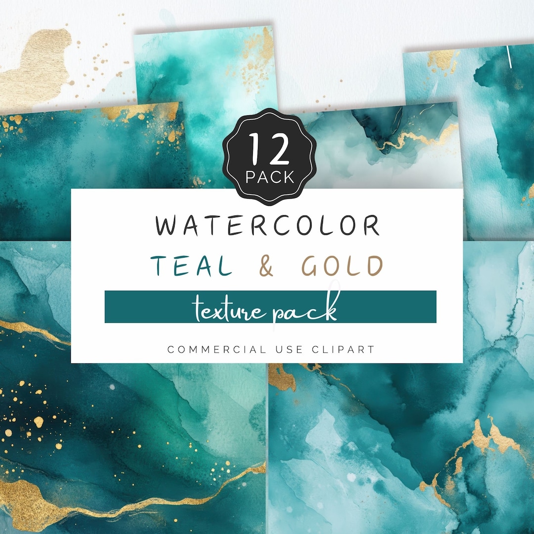 Teal & Gold Watercolor Texture Background, Bright Color Backdrop, Shiny ...