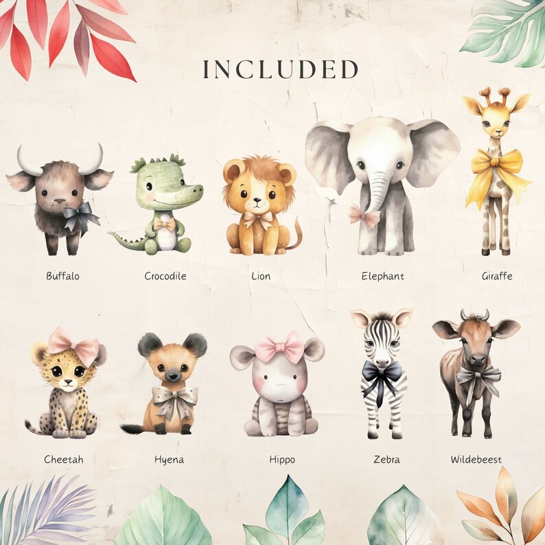 Cute Savannah Animals Clipart, Watercolor Baby Bow, Safari Lodge, Wild ...