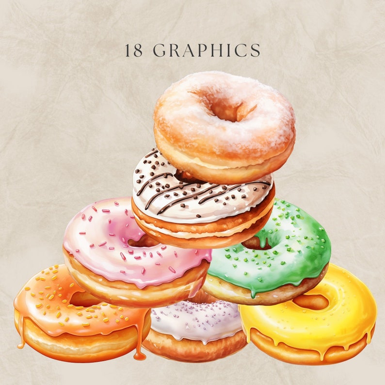 Donut Clipart Watercolor, Plain Donuts With Powdered Sugar and Icing ...