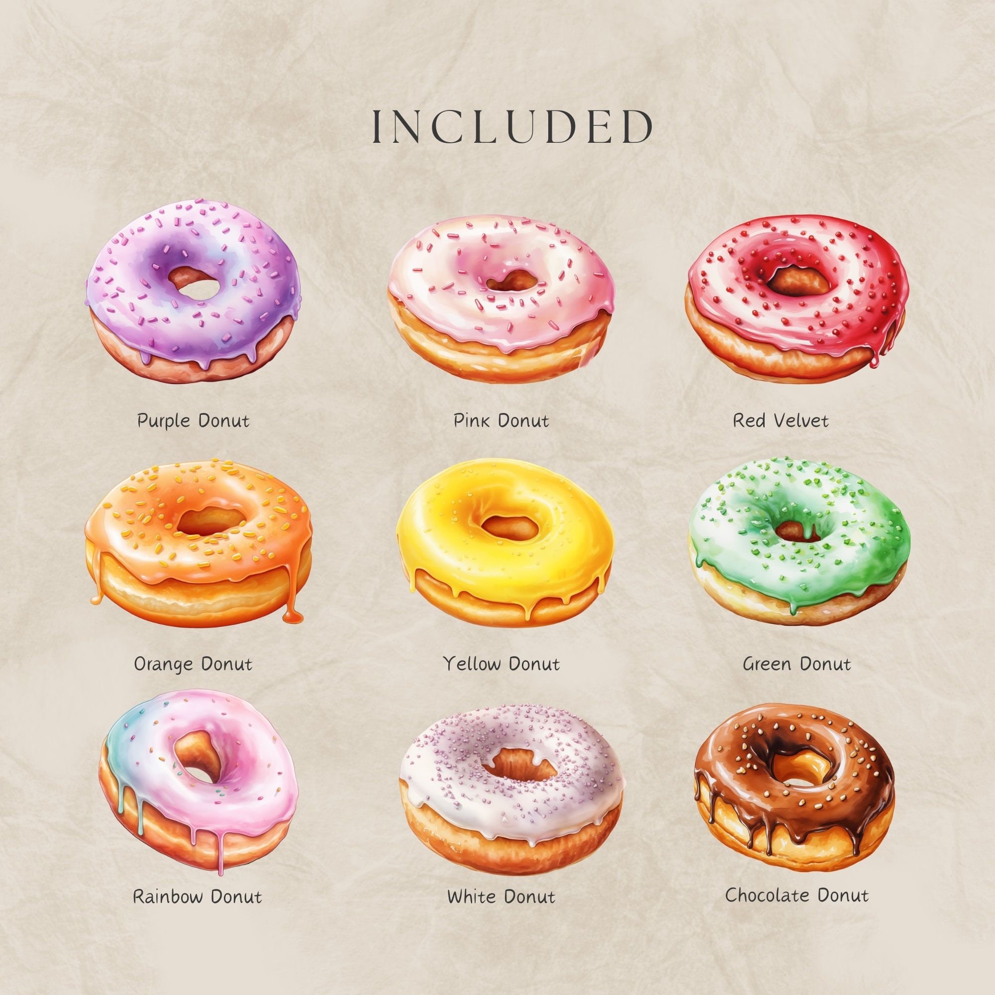 Donut Clipart Watercolor, Plain Donuts With Powdered Sugar and Icing ...