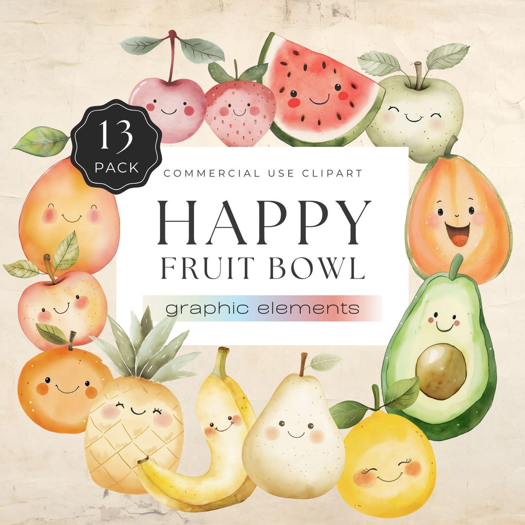 Happy Fruit Bowl Clipart, Dancing Fruits, Cute Kawaii Pineapple, Banana ...