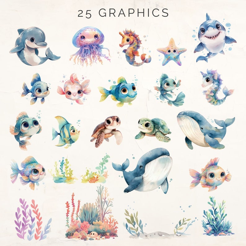 Watercolor Ocean Life Clipart Pack, Cute Starfish Bundle, Shark ...