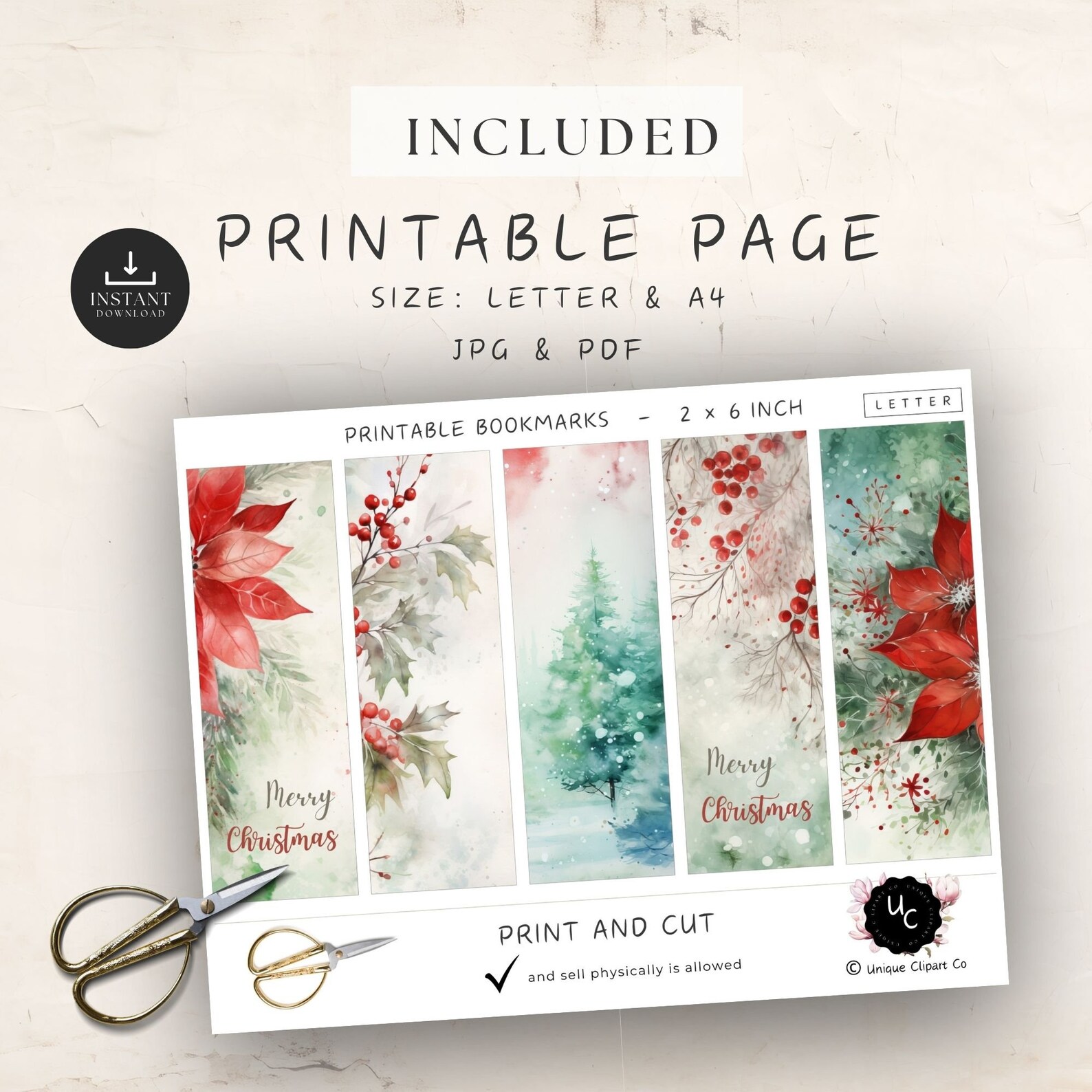 Merry Christmas Printable Bookmark, Watercolor Green and Red Pine Tree ...