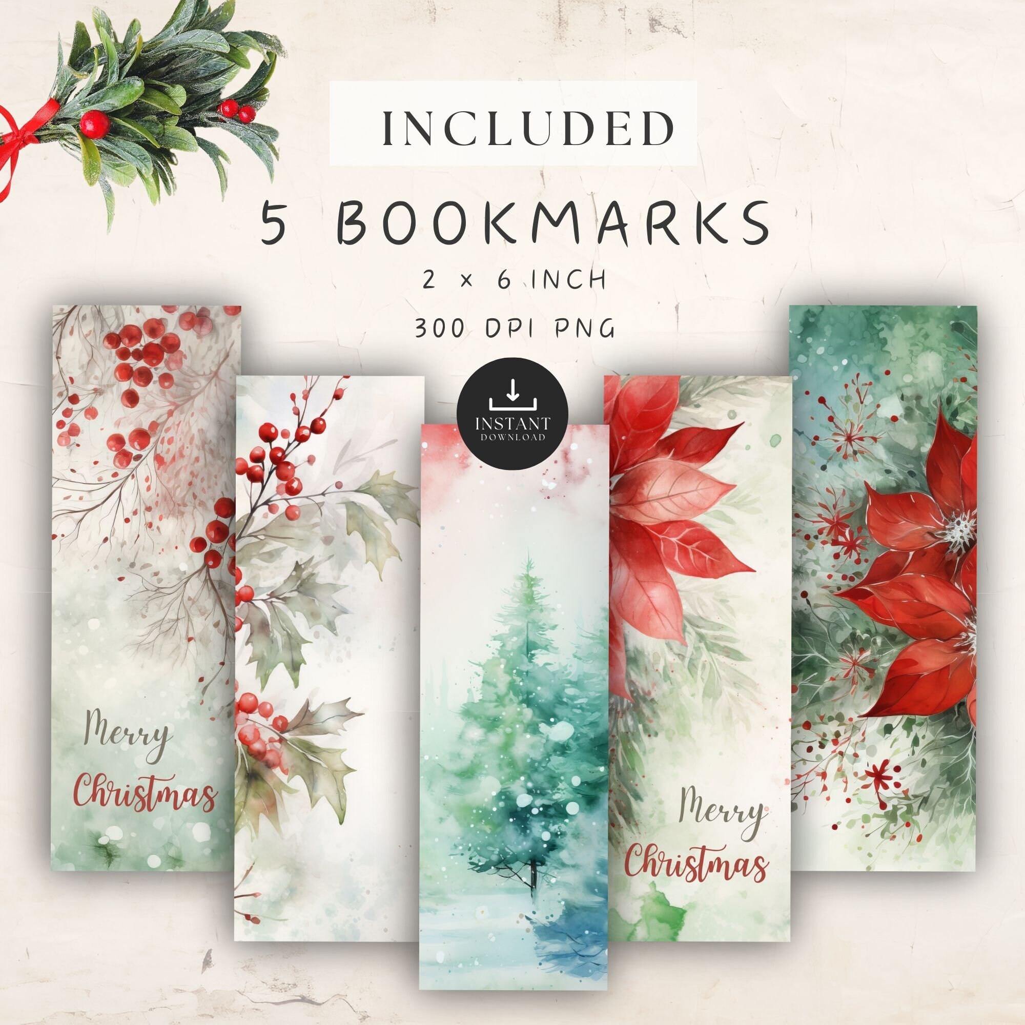 Merry Christmas Printable Bookmark, Watercolor Green and Red Pine Tree ...