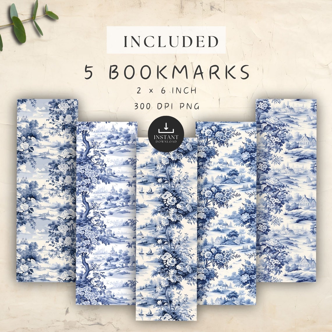 Blue Toile Printable Bookmark, Delfts Blauw Watercolor Pattern Floral ...