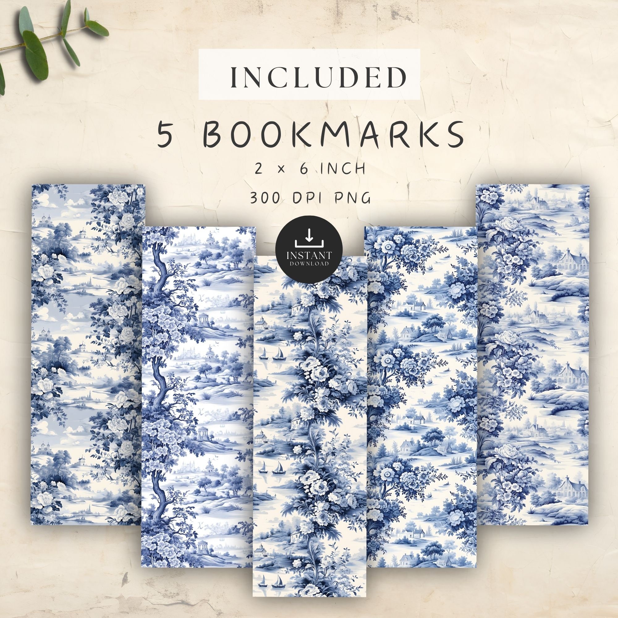 Blue Toile Printable Bookmark, Delfts Blauw Watercolor Pattern Floral ...