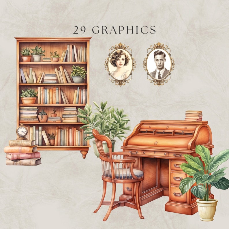 Vintage Study Clipart Watercolor Bundle With Oak Wood Desk Bookcase ...
