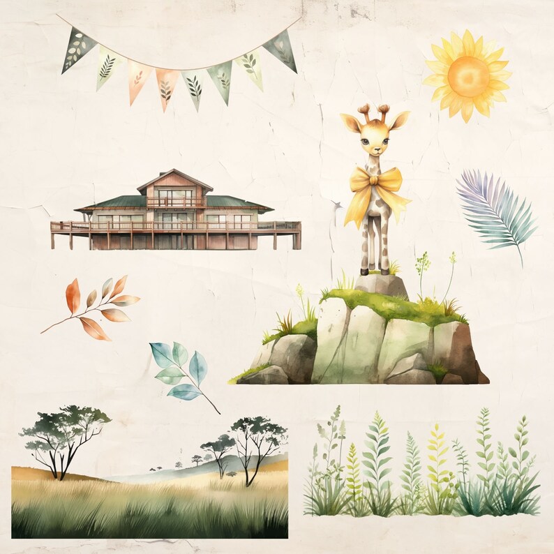 Cute Savannah Animals Clipart, Watercolor Baby Bow, Safari Lodge, Wild ...