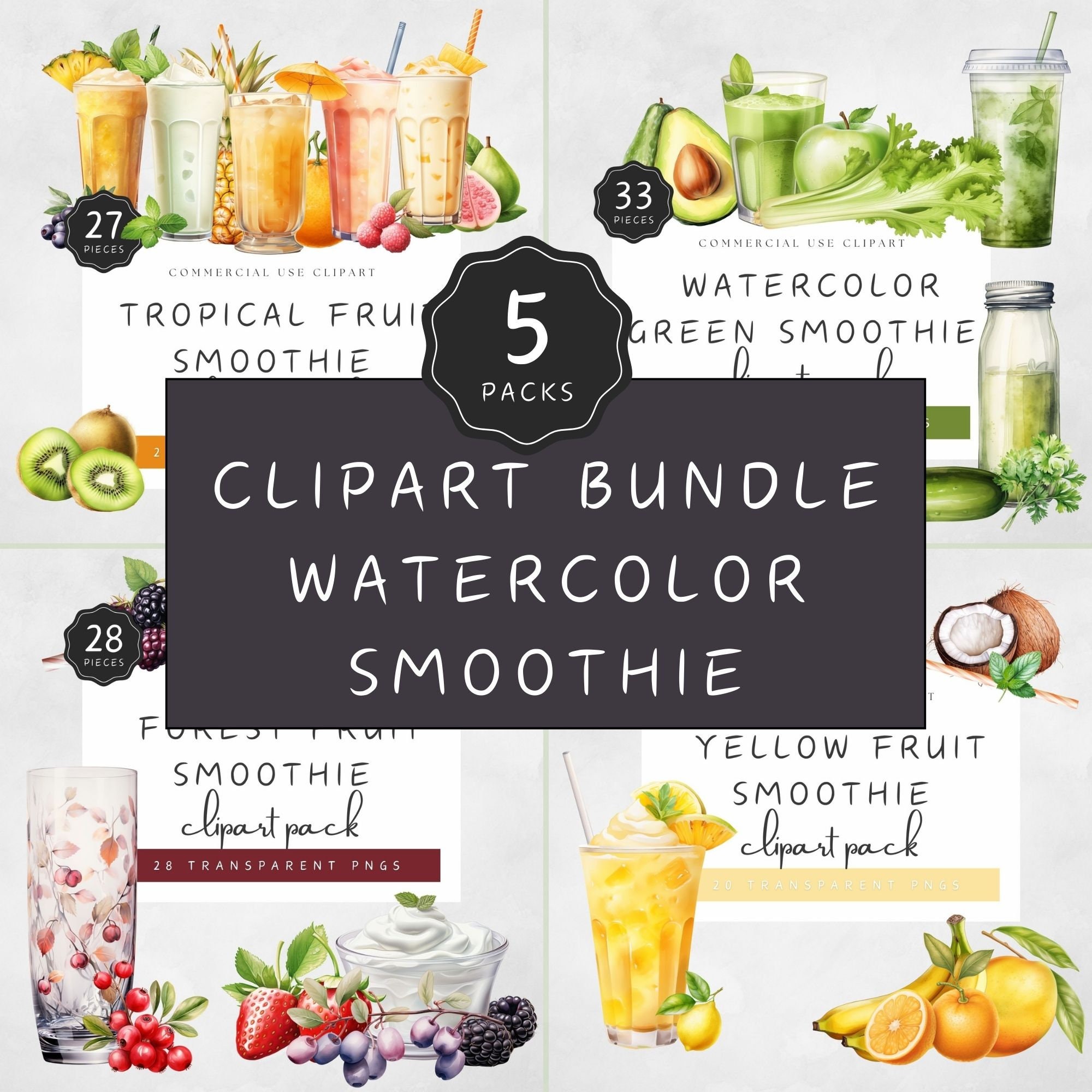 Smoothie Clipart Bundle Watercolor Green Healthy Ingredients Red Forest ...