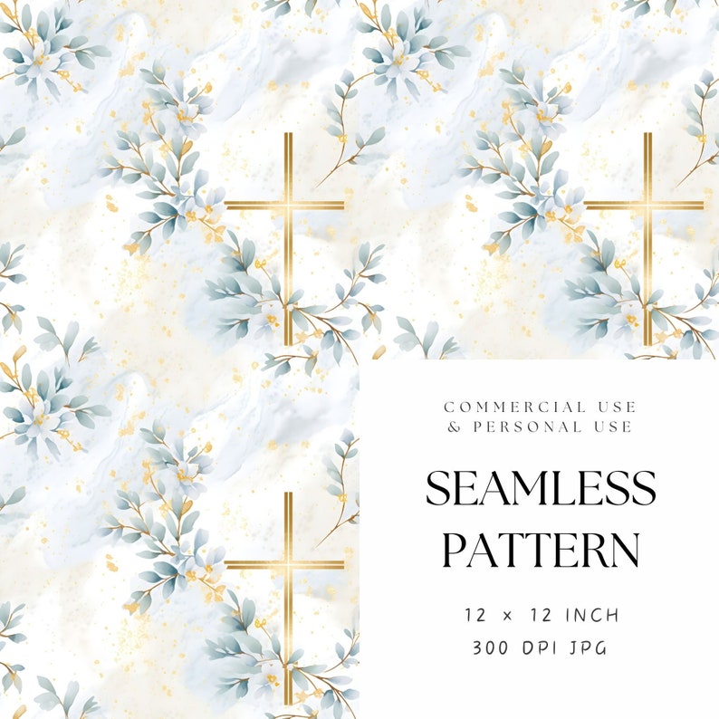 Christian Gold Cross Seamless Pattern, Blue Watercolor Sprig, Marble ...