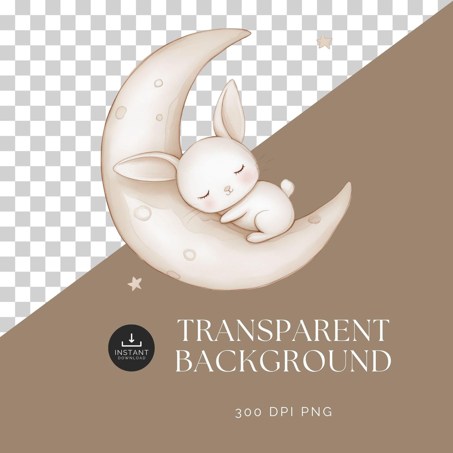 Sleepy Bunny on the Moon Clipart, Watercolor Cute Rabbit Curled Up ...
