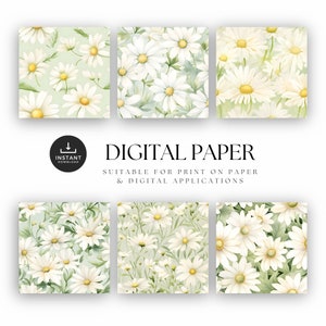 Daisy Digital Paper, Natural Floral Background, Green Wildflowers ...