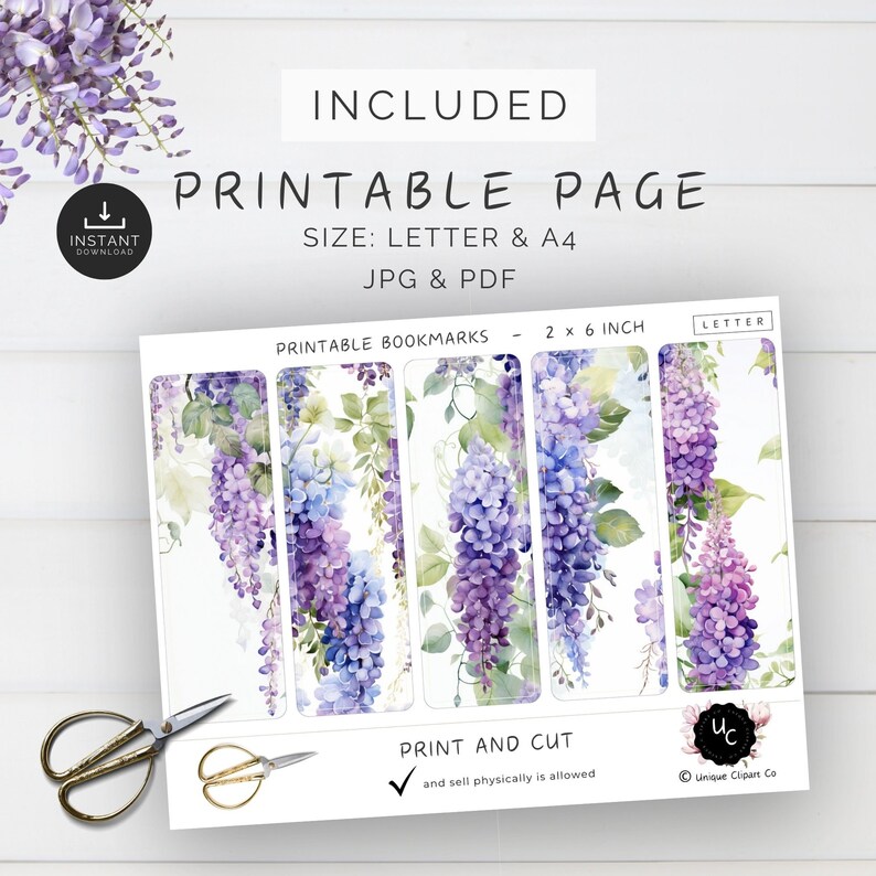 Wisteria Printable Bookmark, Watercolor Cute Bookmarks Purple Blue ...