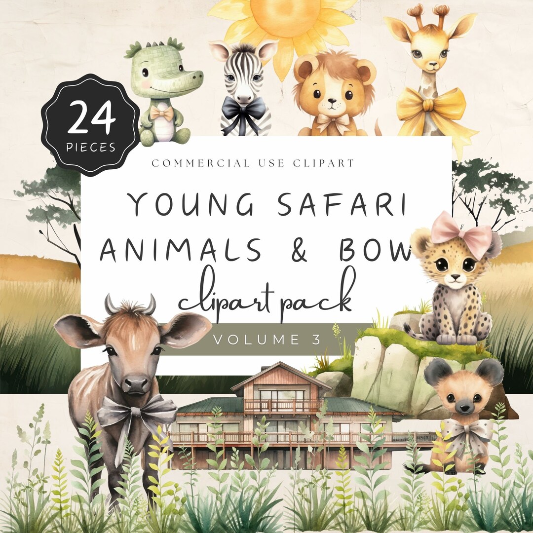 Cute Savannah Animals Clipart, Watercolor Baby Bow, Safari Lodge, Wild ...