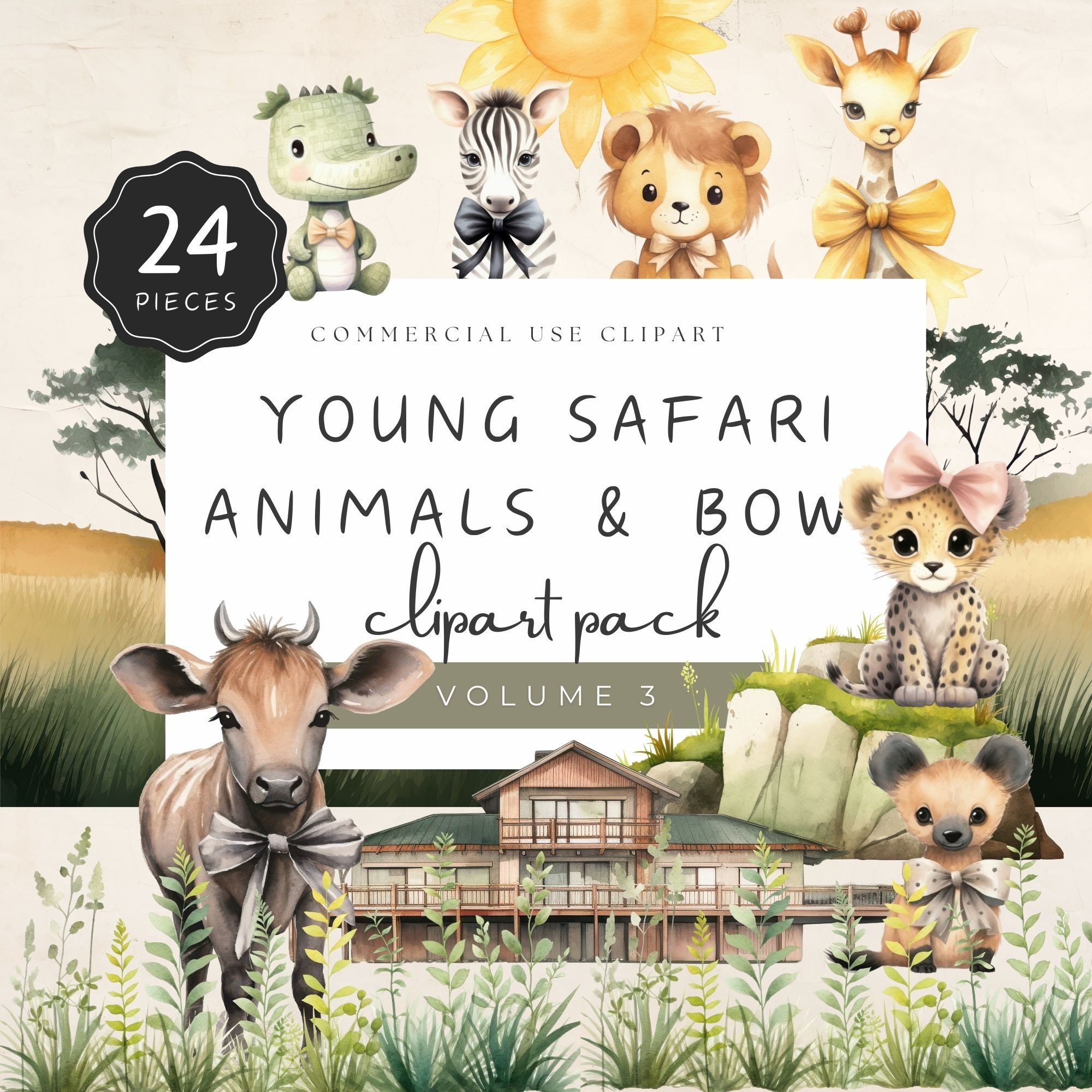 Cute Savannah Animals Clipart, Watercolor Baby Bow, Safari Lodge, Wild ...