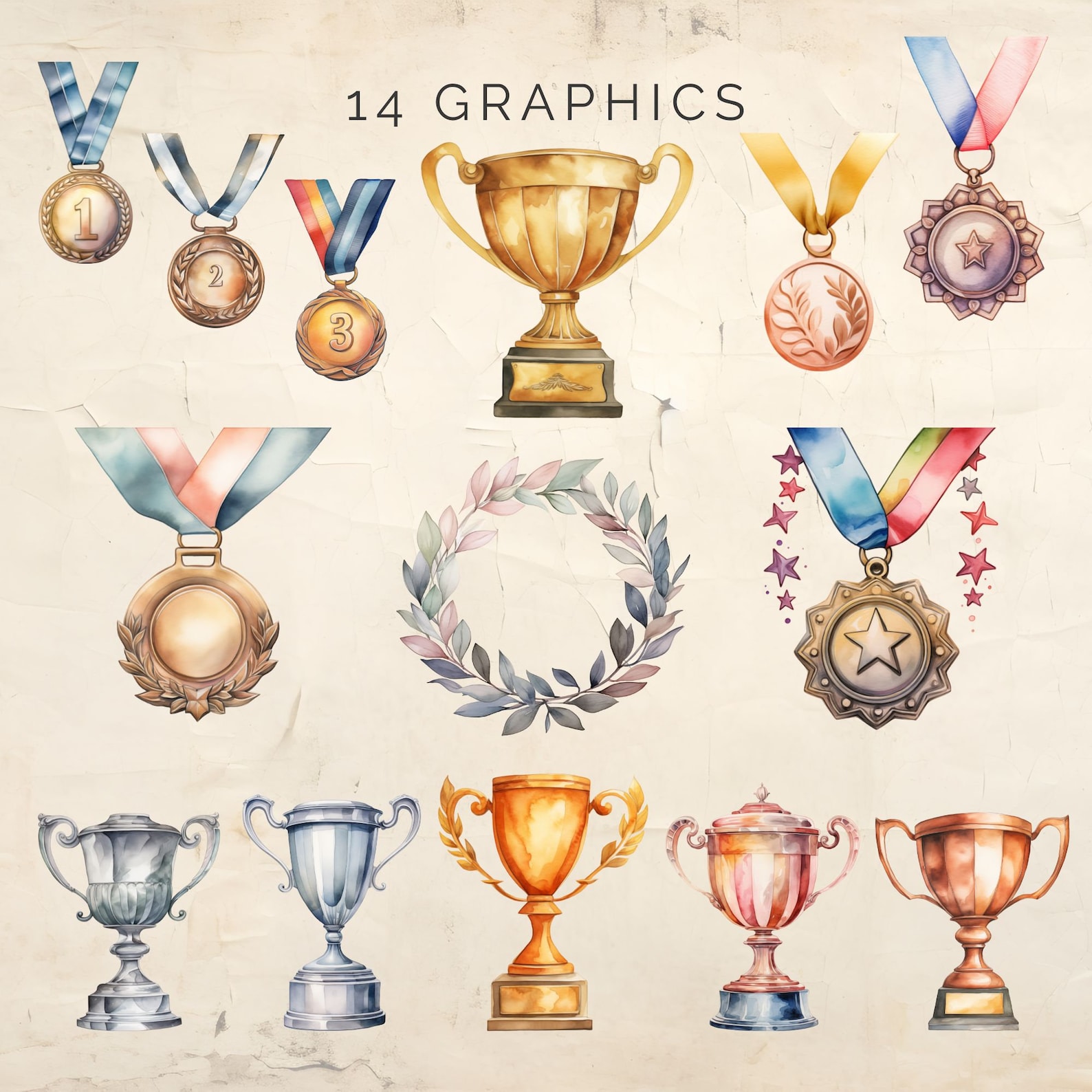 Sports Trophies and Medals Clipart Pack, Watercolor Laural Wreath for ...