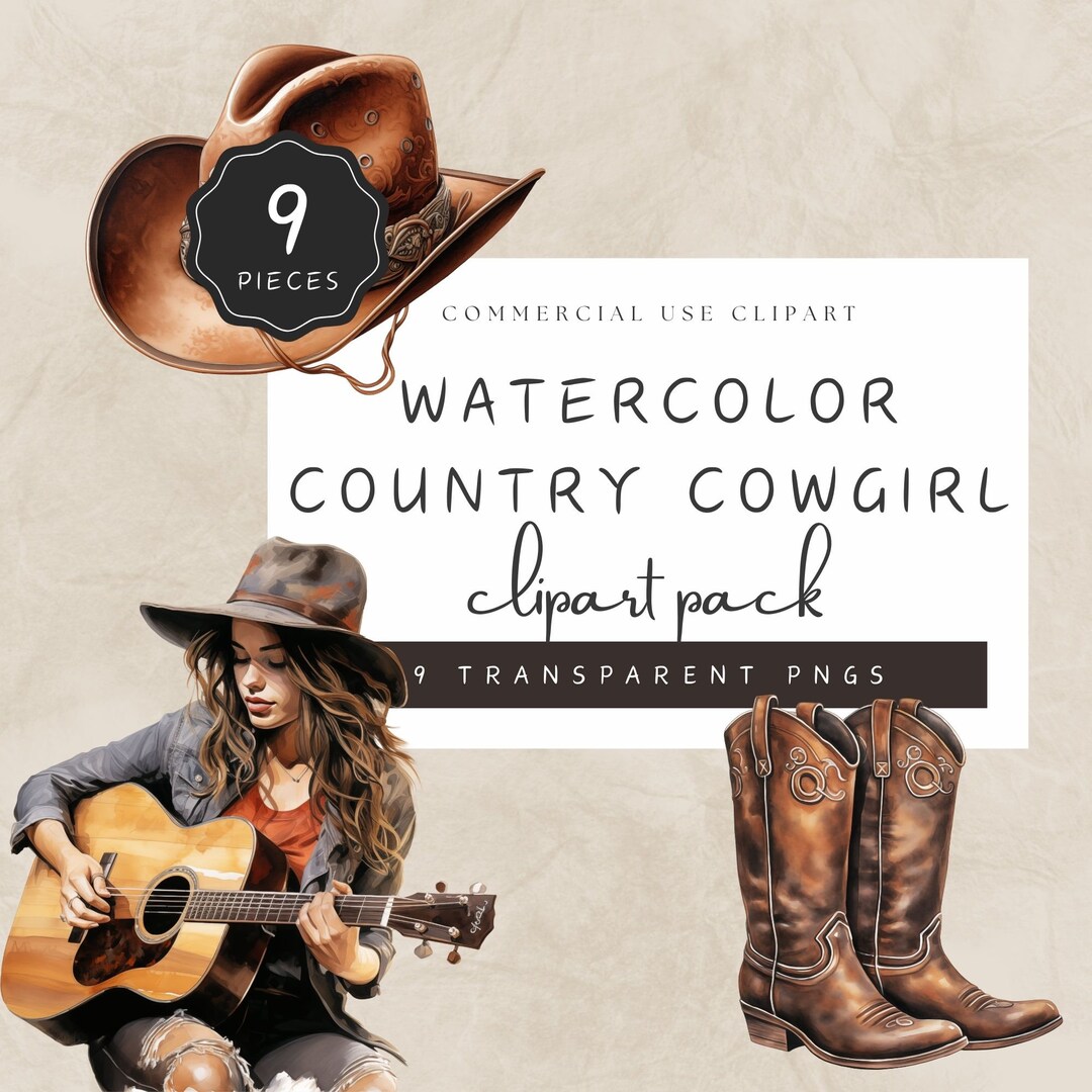 Cowgirl Clipart Watercolor Country Girl Music Song Cowboy Boots Guitar ...