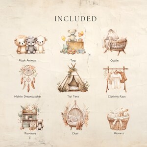 Boho Baby Bundle Clipart Watercolor Fluffy Friends Neutral Cradle Cute ...