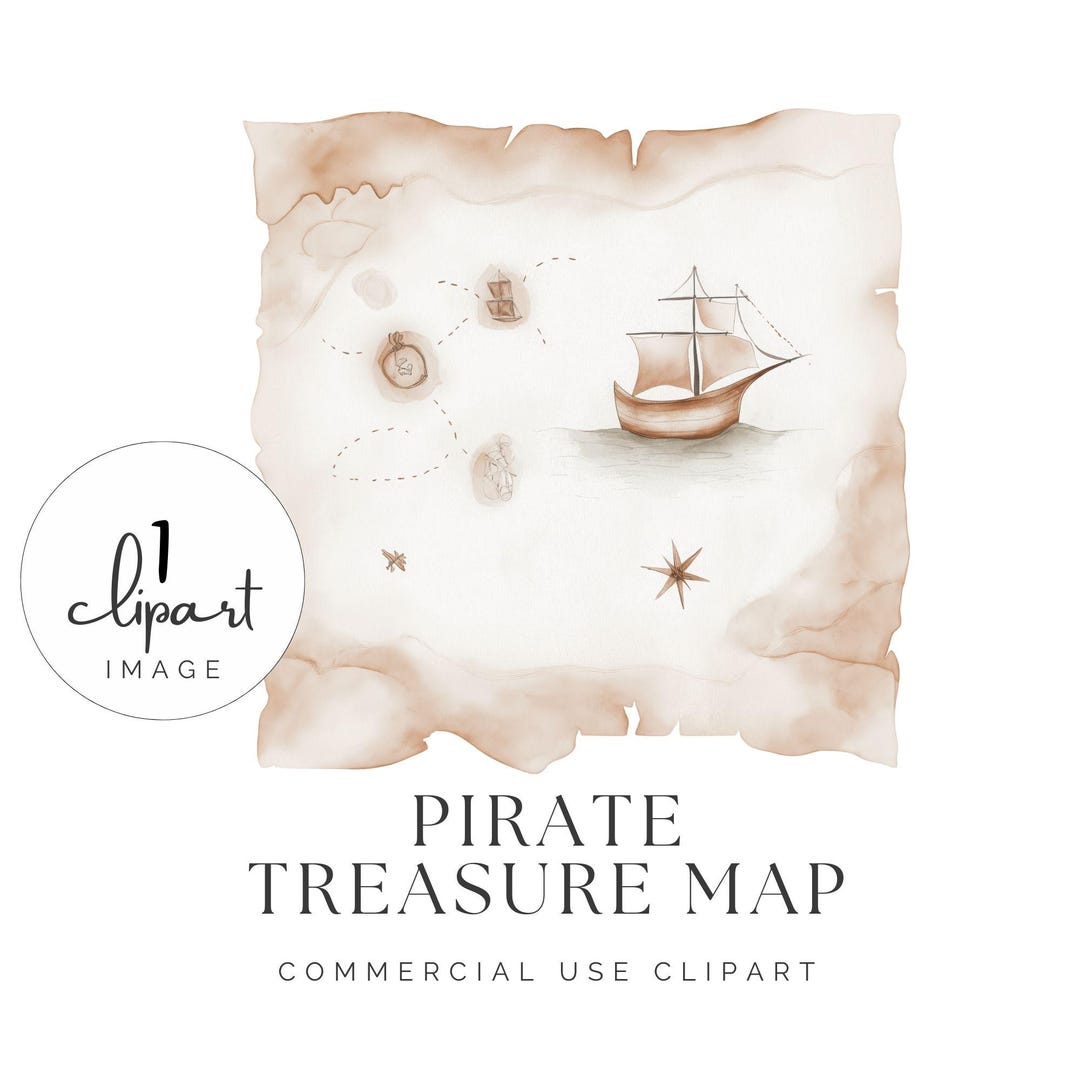 Pirate Treasure Map Clipart, Watercolor Old Vintage Map With Torn Edges ...