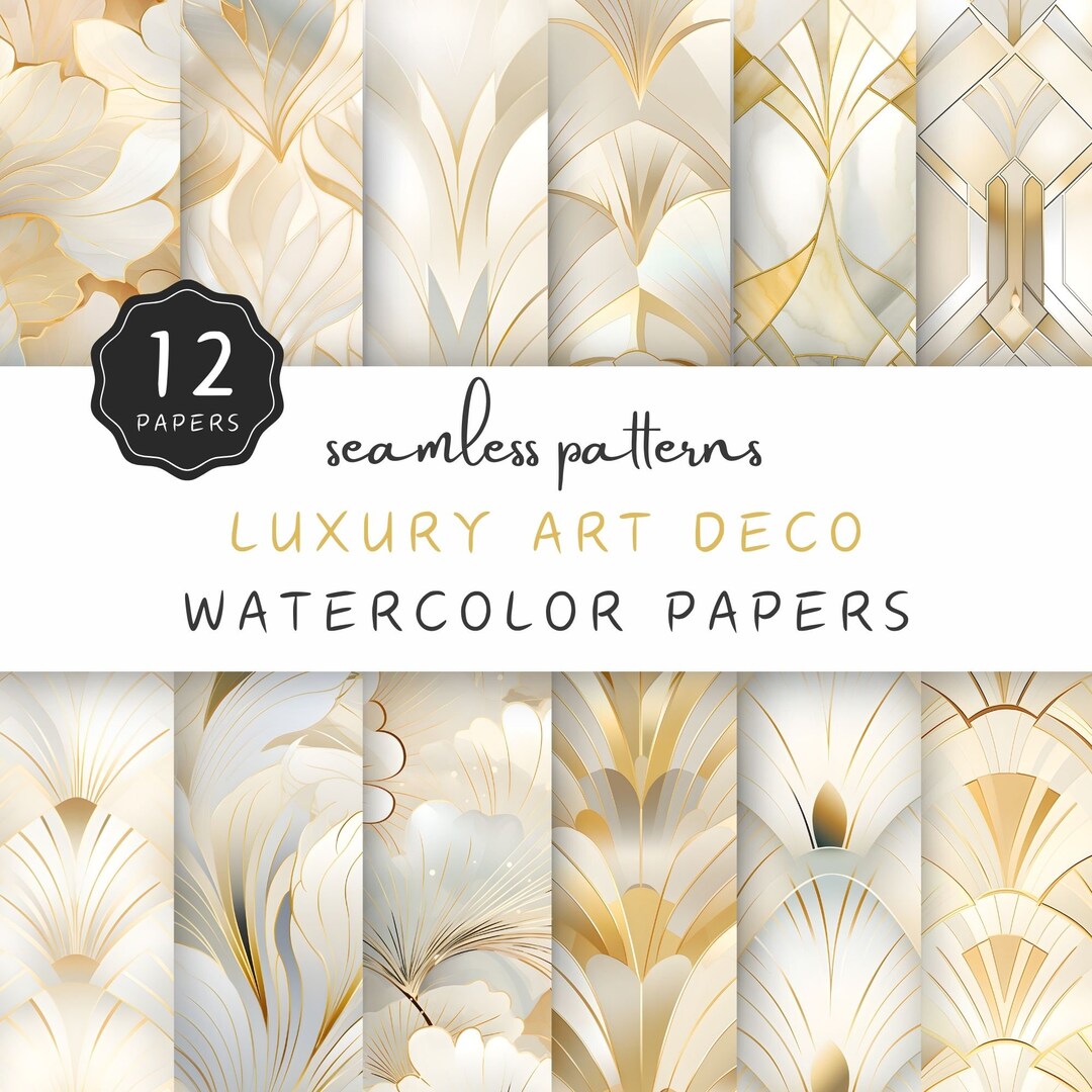 Luxury Art Deco Digital Papers, Seamless Pattern, Gold, White and Beige ...