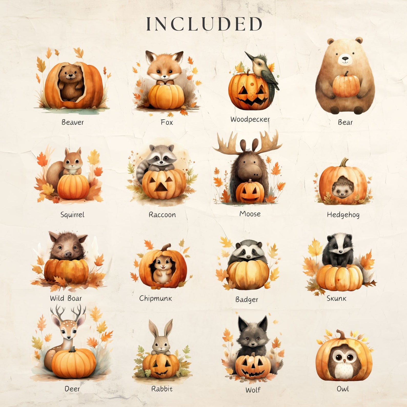 Halloween Woodland Animals Clipart, Watercolor Pumpkin and Forest ...