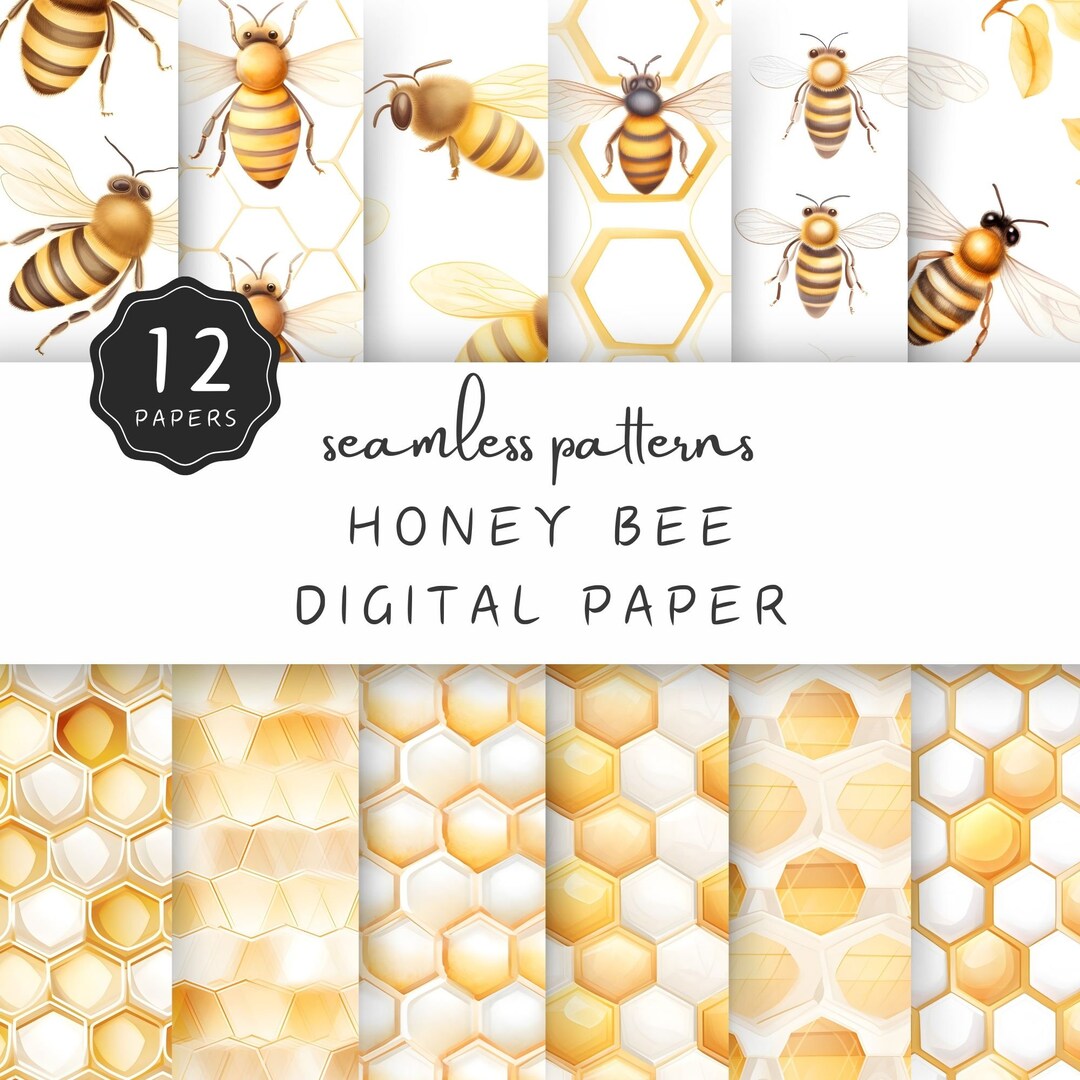 Bee Digital Paper Pack Watercolor Yellow Honey Bee Seamless Pattern for ...