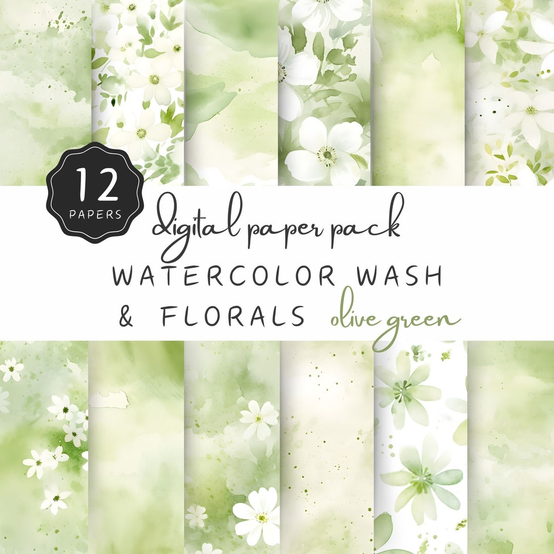 Watercolor Wash Digital Paper, Olive Green Floral Background, Aquarel ...