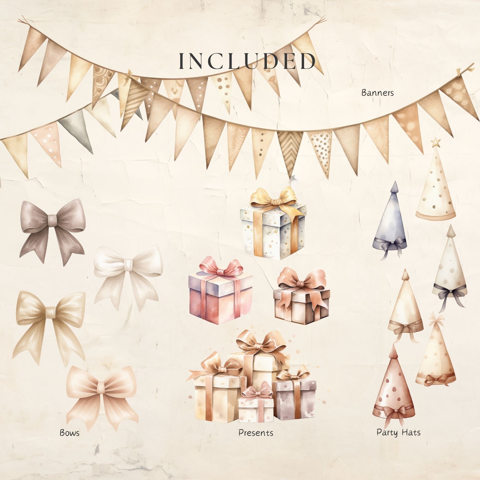 Neutral Party Decorations Clipart, Watercolor Wedding Shower Graphics ...