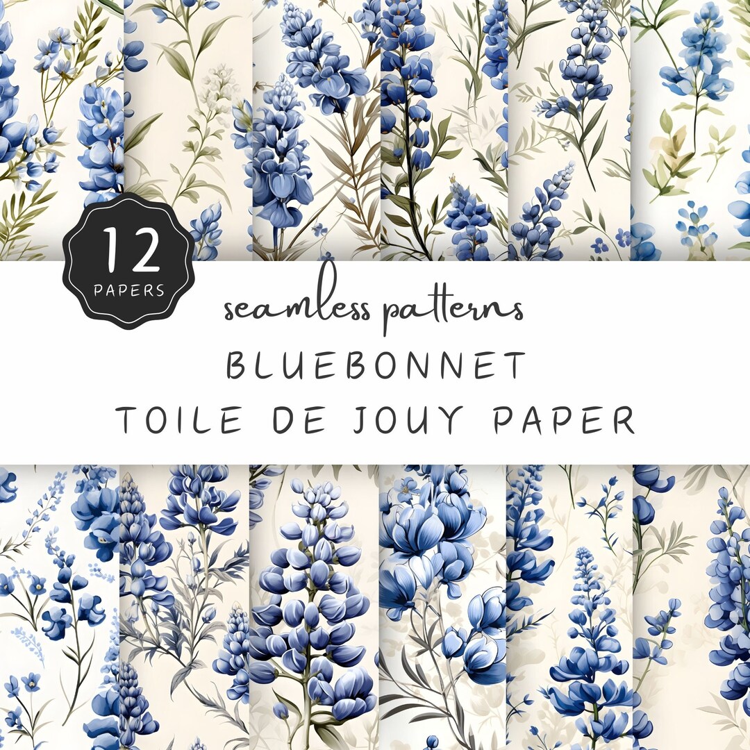 Bluebonnet Toile De Jouy Inspired Paper, Floral Seamless Pattern JPG ...