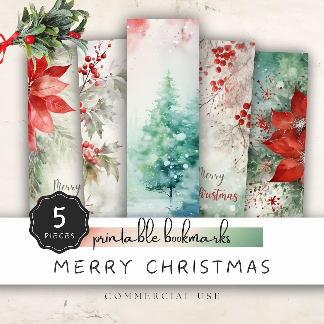 Merry Christmas Printable Bookmark, Watercolor Green and Red Pine Tree ...