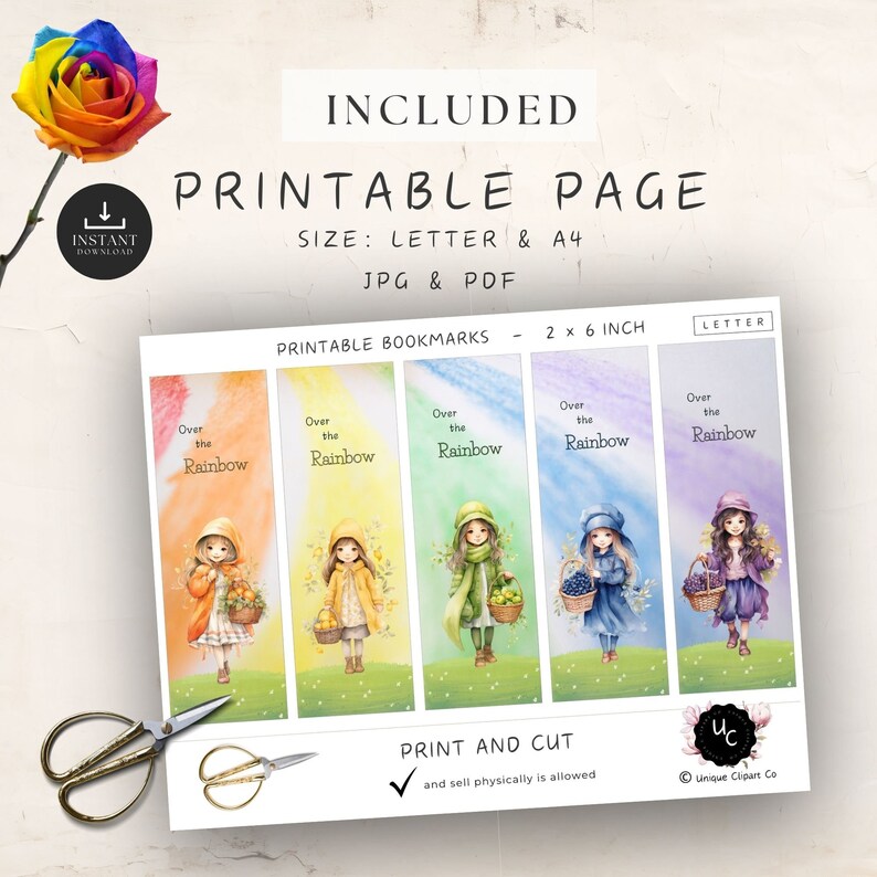Rainbow Girls Printable Bookmark, Watercolor Cute Bookmarks Riding Hood ...