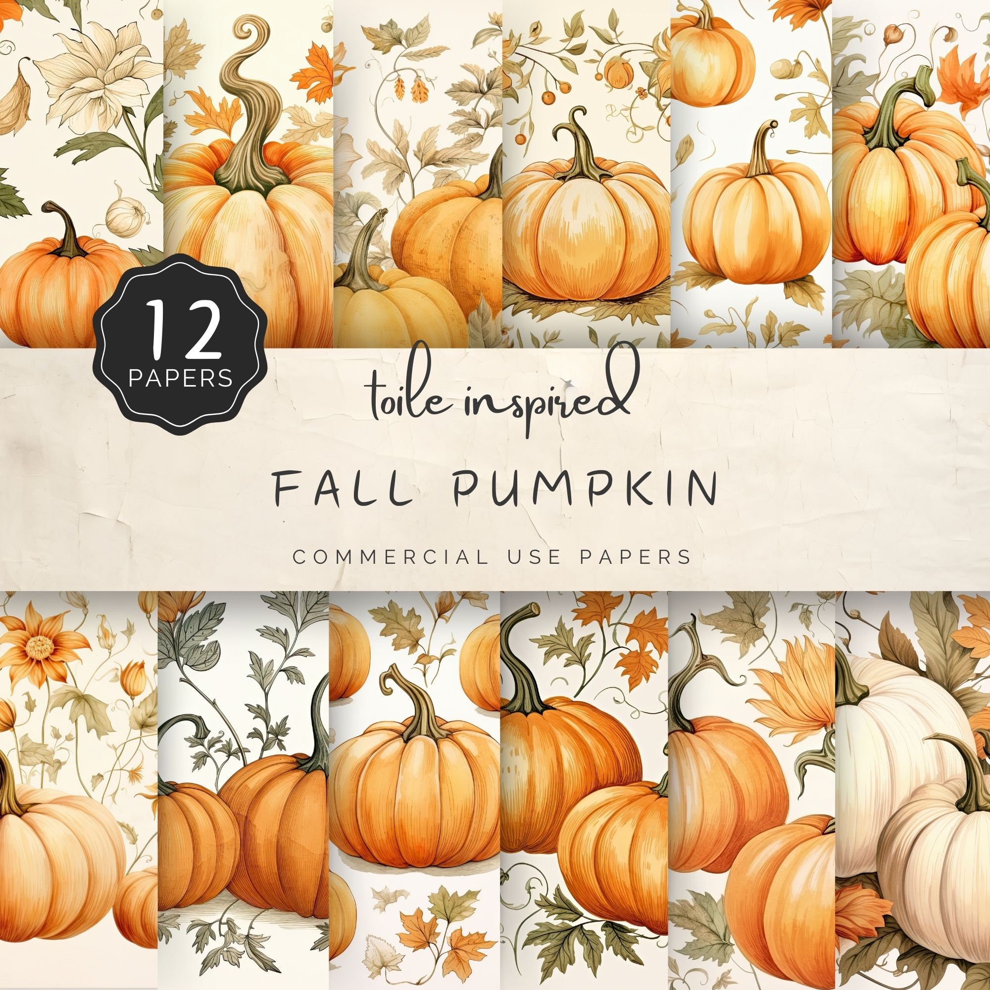Fall Pumpkin Digital Paper, Vintage Watercolor Toile Inspired Autumn ...
