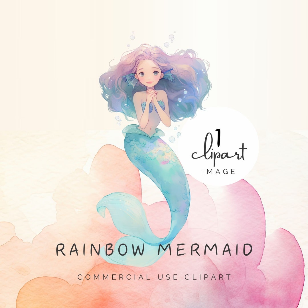 Rainbow Mermaid Clipart, Sea Mermaid Girl With Gills, Watercolor ...