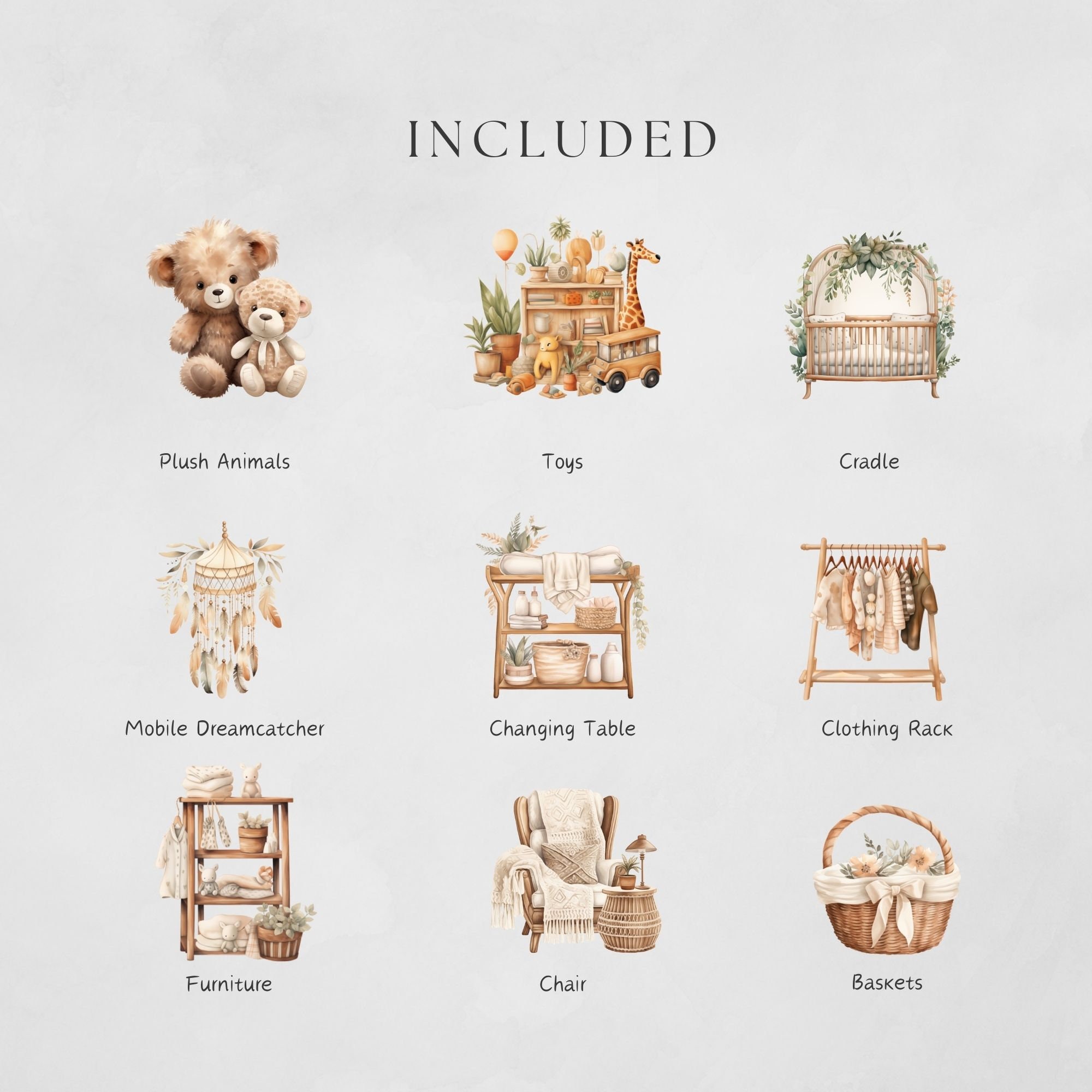 Boho Baby Nursery Clipart Neutral Baby Beige Green Bohemian Theme Cute ...