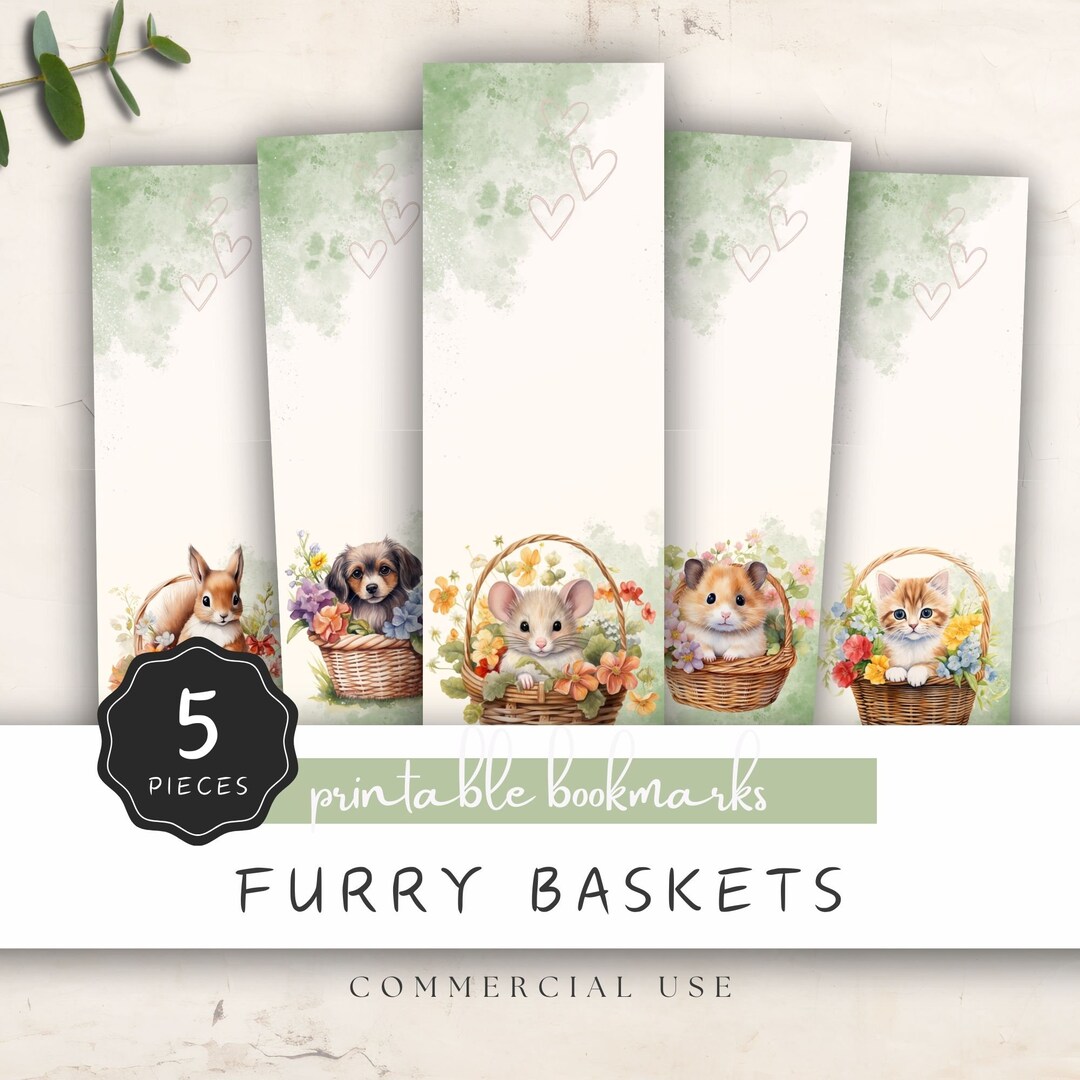 Furry Baskets Printable Bookmark, Cute Pets in Floral Wicker, Lovely ...