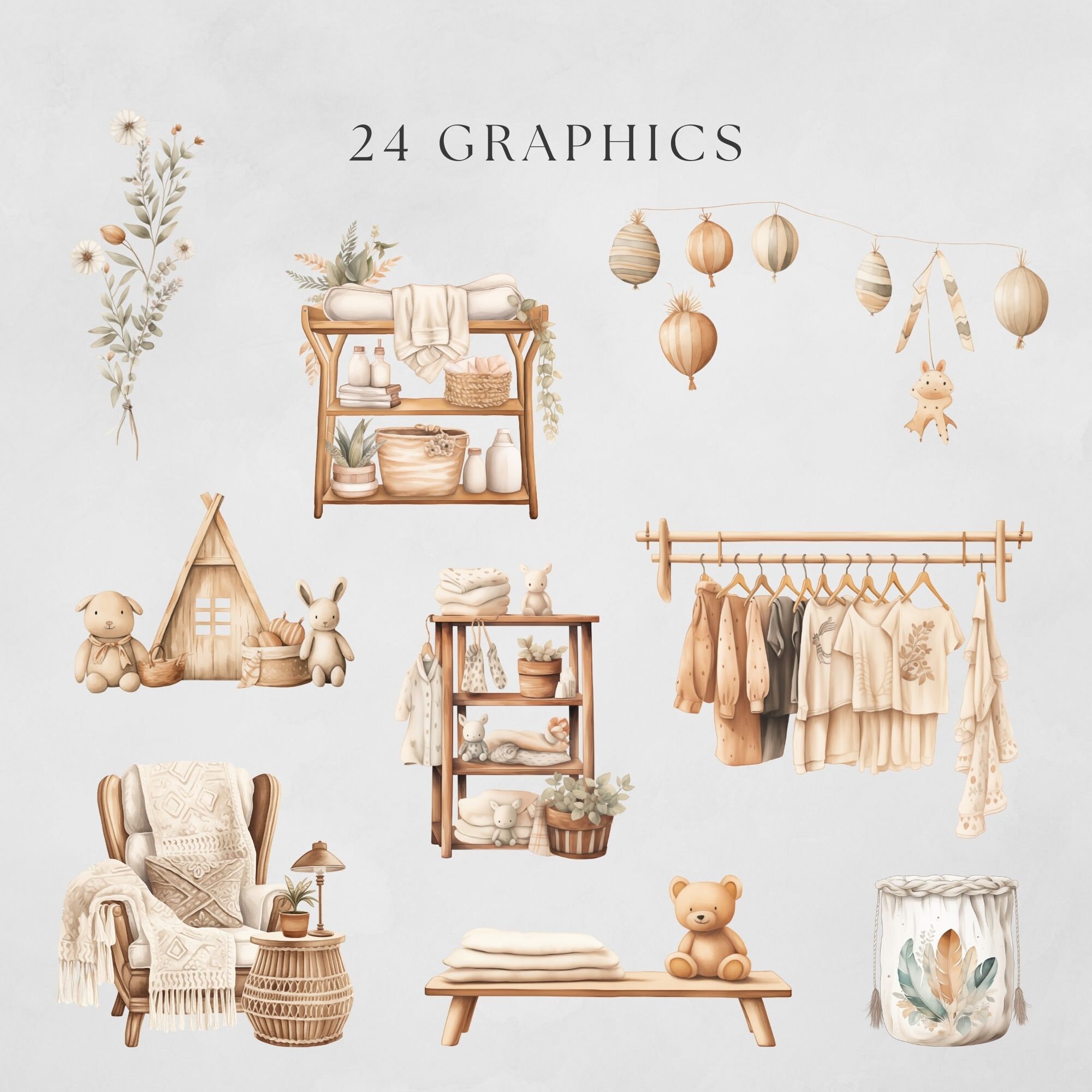 Boho Baby Nursery Clipart Neutral Baby Beige Green Bohemian Theme Cute ...