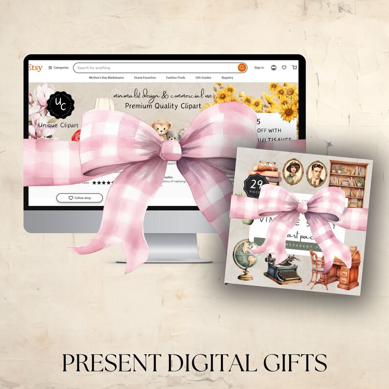 Pink Gingham Bow Clipart, Present Gifts With a Bow, Pastel Pink ...