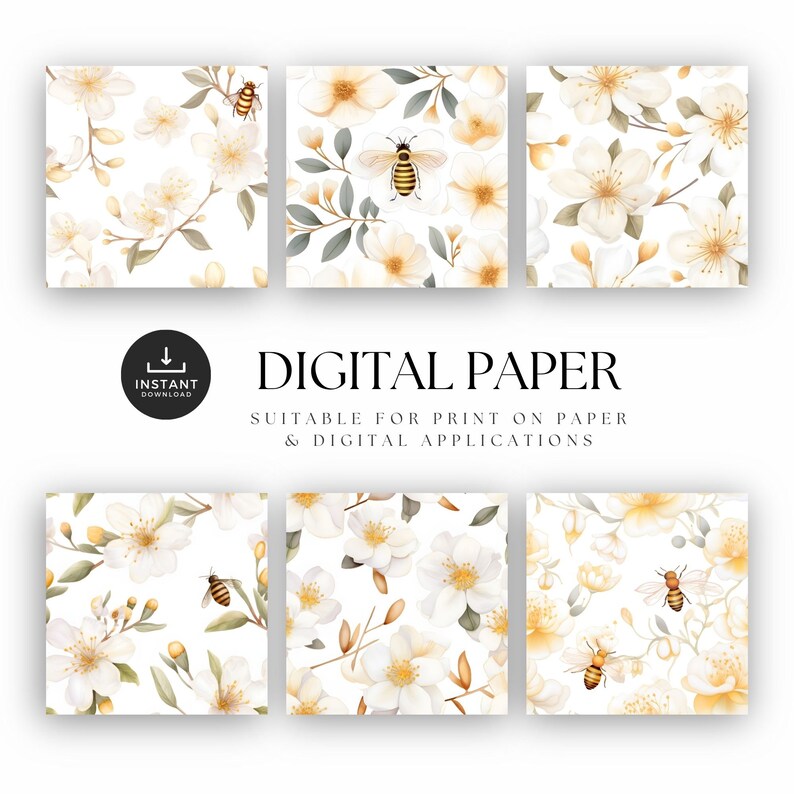 Honey Gold Blossom Digital Paper JPG Watercolor Cute Bee Seamless ...
