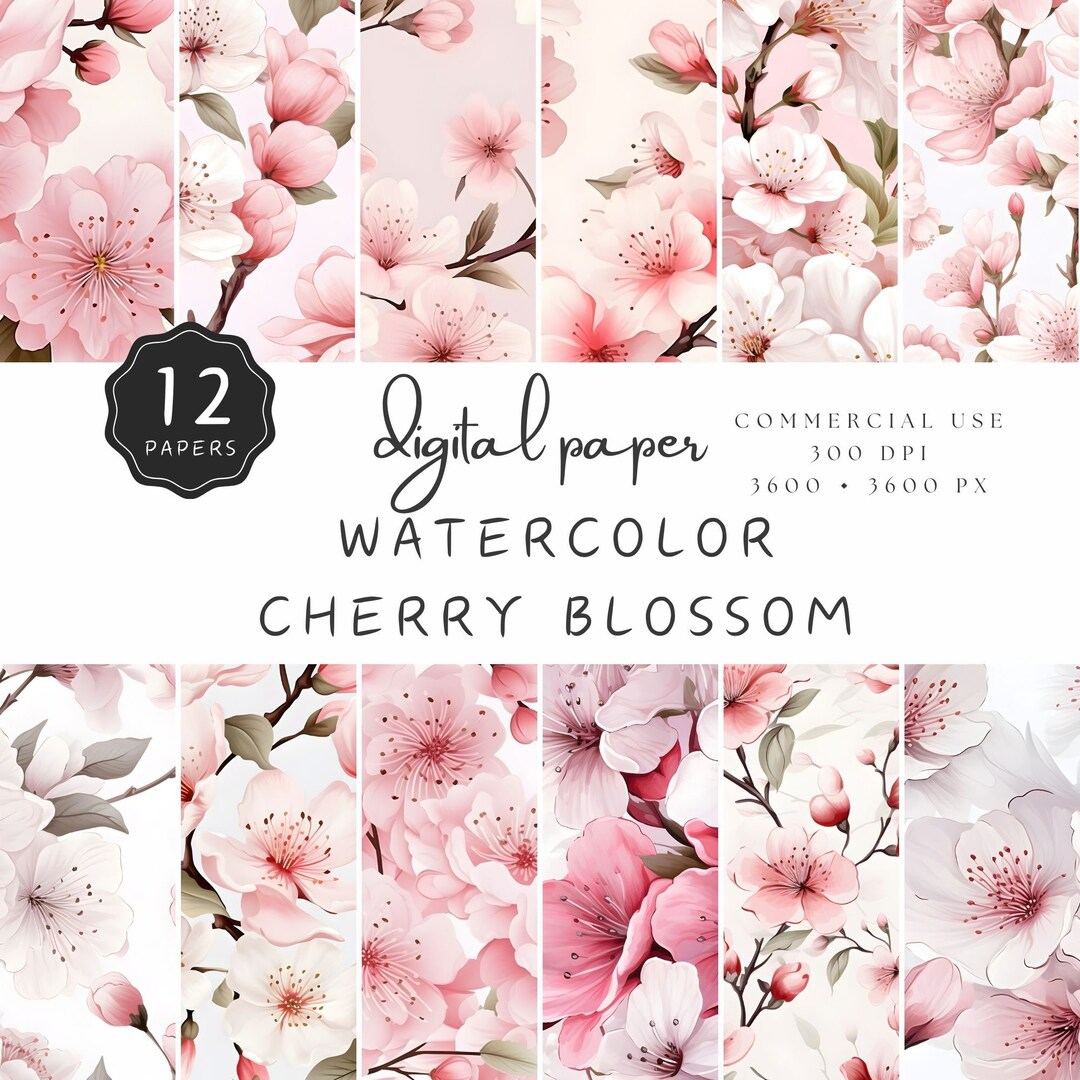 Cherry Blossom Digital Papers, Watercolor Clipart Journaling Page ...