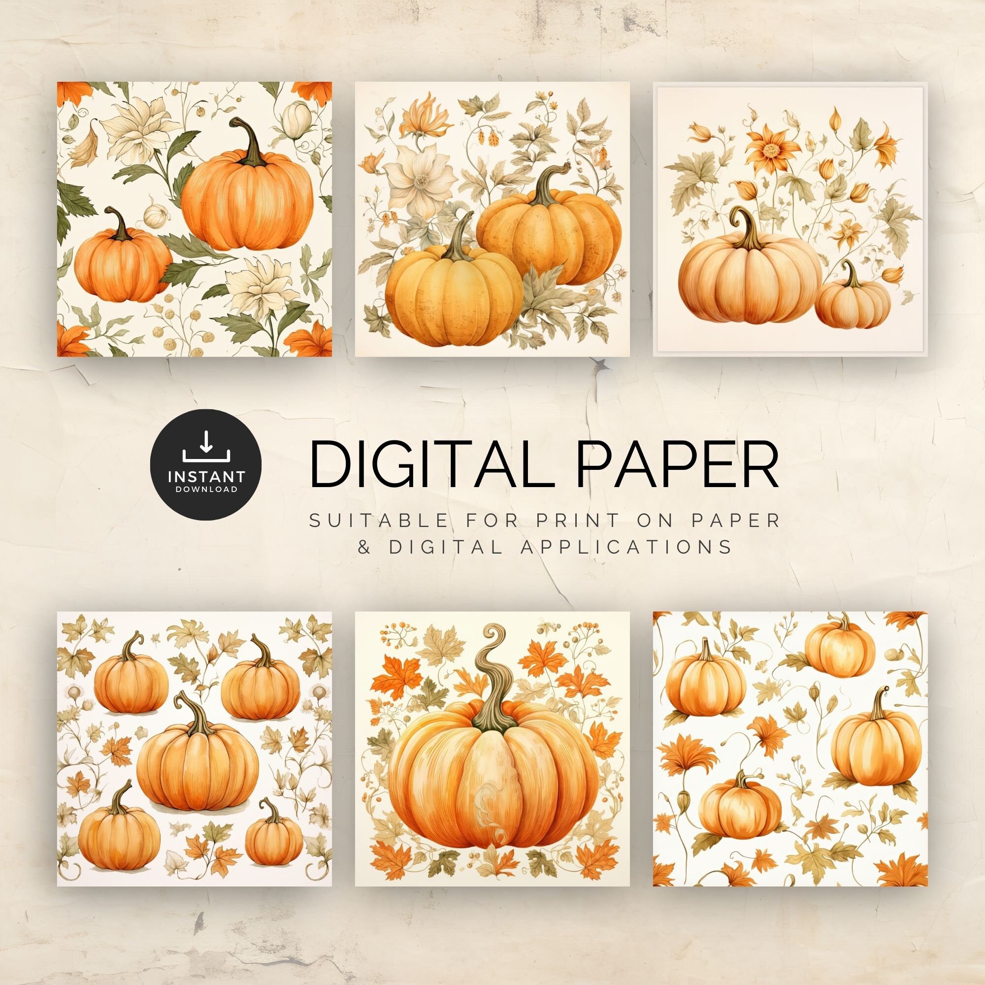 Fall Pumpkin Digital Paper, Vintage Watercolor Toile Inspired Autumn ...