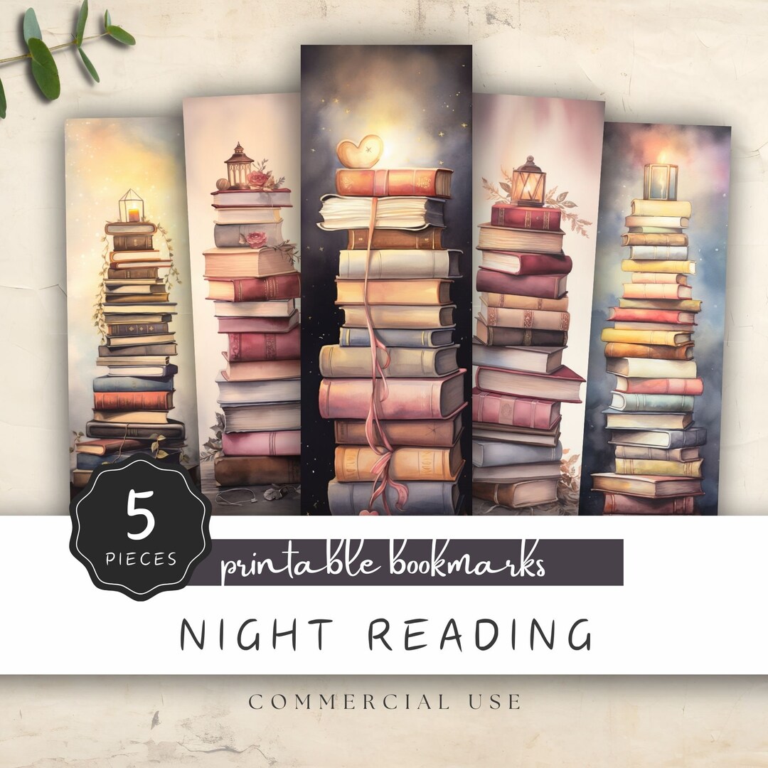 Stacked Books Printable Bookmark, Night Reading Lantarn Stack of Novels ...