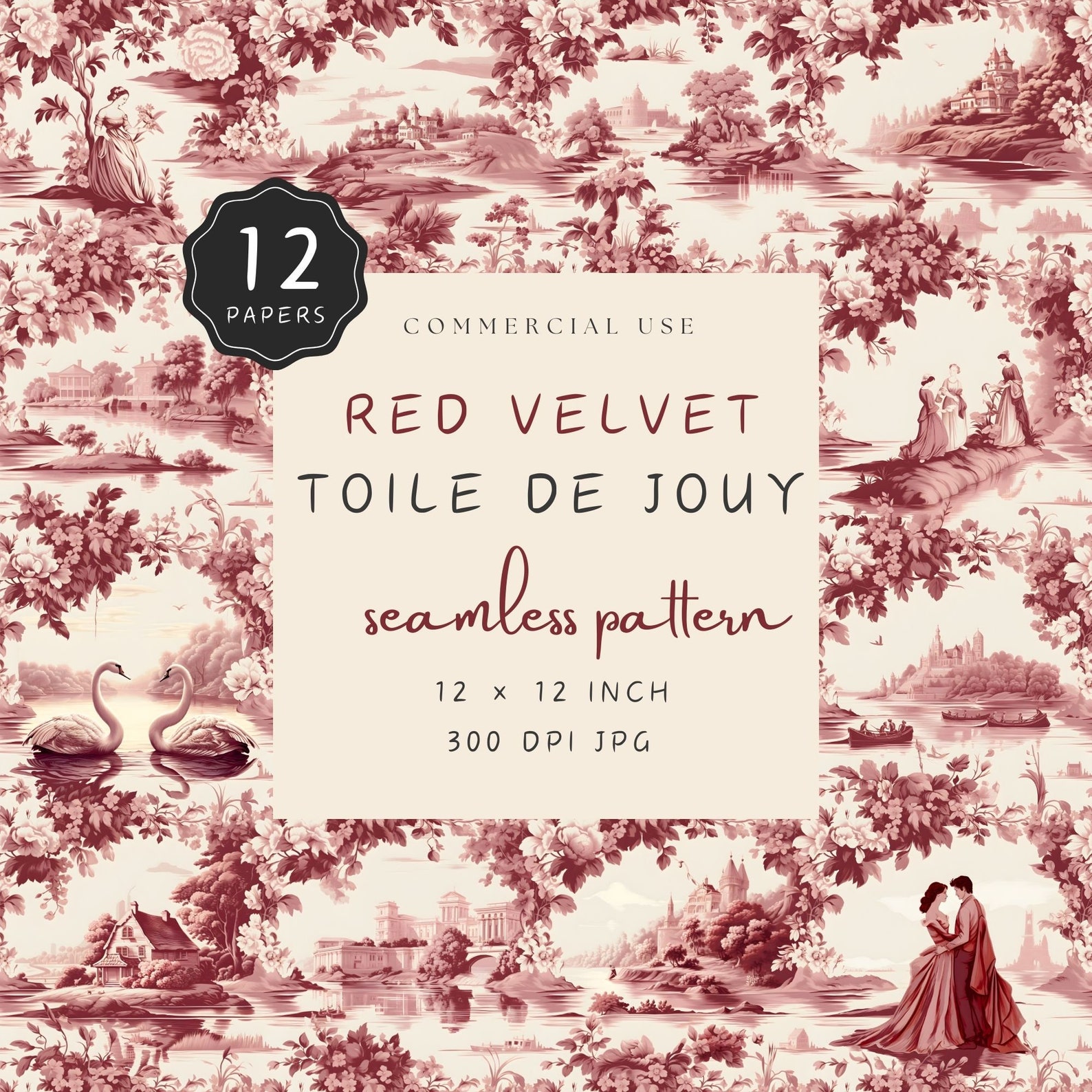 Toile De Jouy Seamless Pattern Red Velvet Digital Papers Theme Roman ...