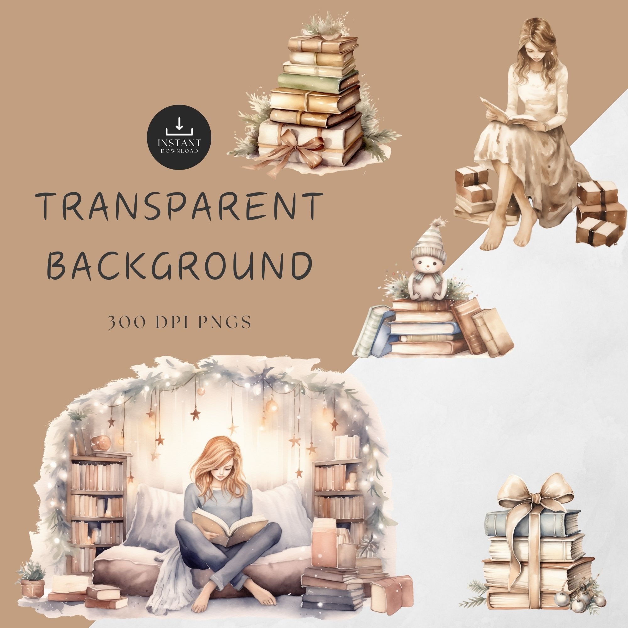 Bookish Christmas Clipart Pack Boho 20 High Quality PNG 300DPI Warm ...