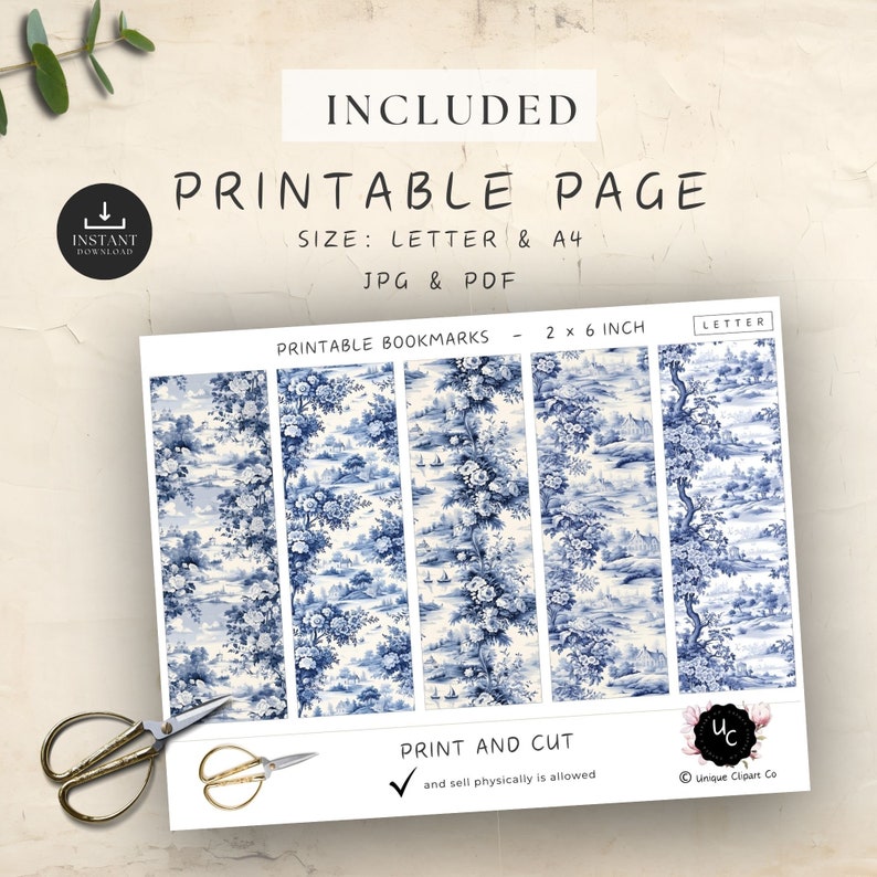 Blue Toile Printable Bookmark, Delfts Blauw Watercolor Pattern Floral ...