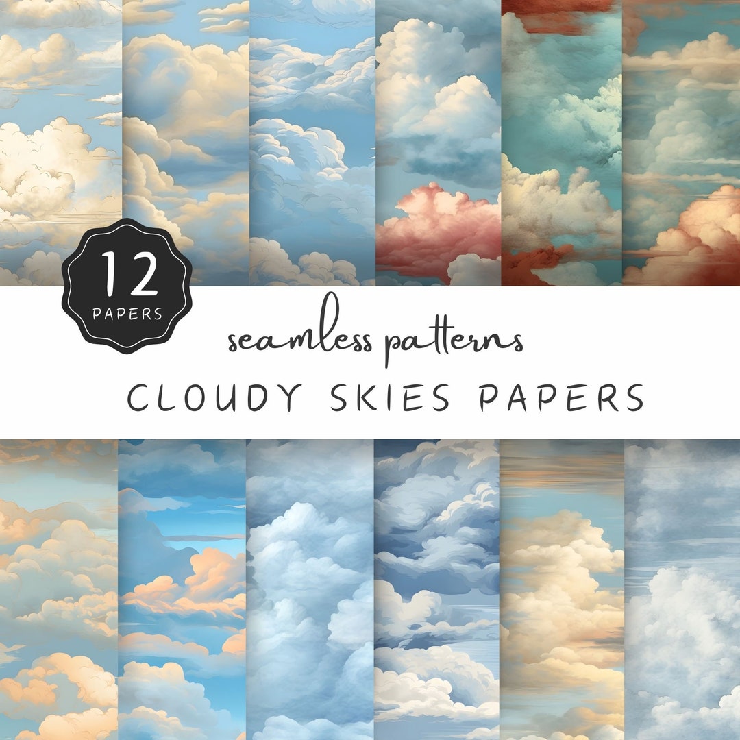 Cloudy Skies Seamless Pattern JPG Watercolor Blue Dawn, Golden Sunset ...