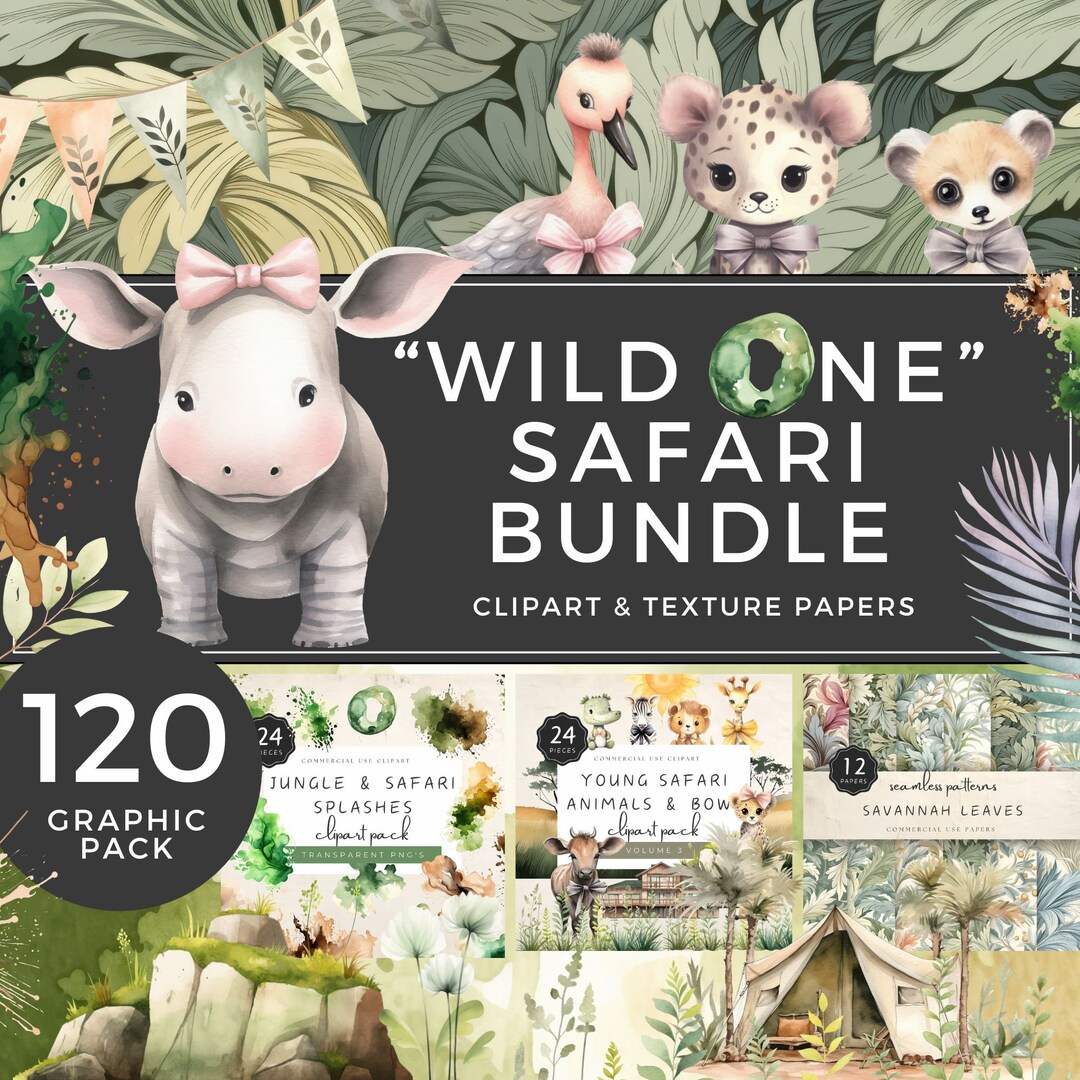 Wild One Safari Clipart Bundle, Cute Animals With Bows, Watercolor ...
