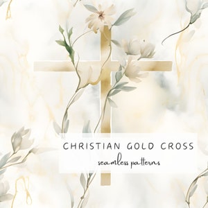 Christian Gold Cross Seamless Pattern, Blue Watercolor Sprig, Marble ...