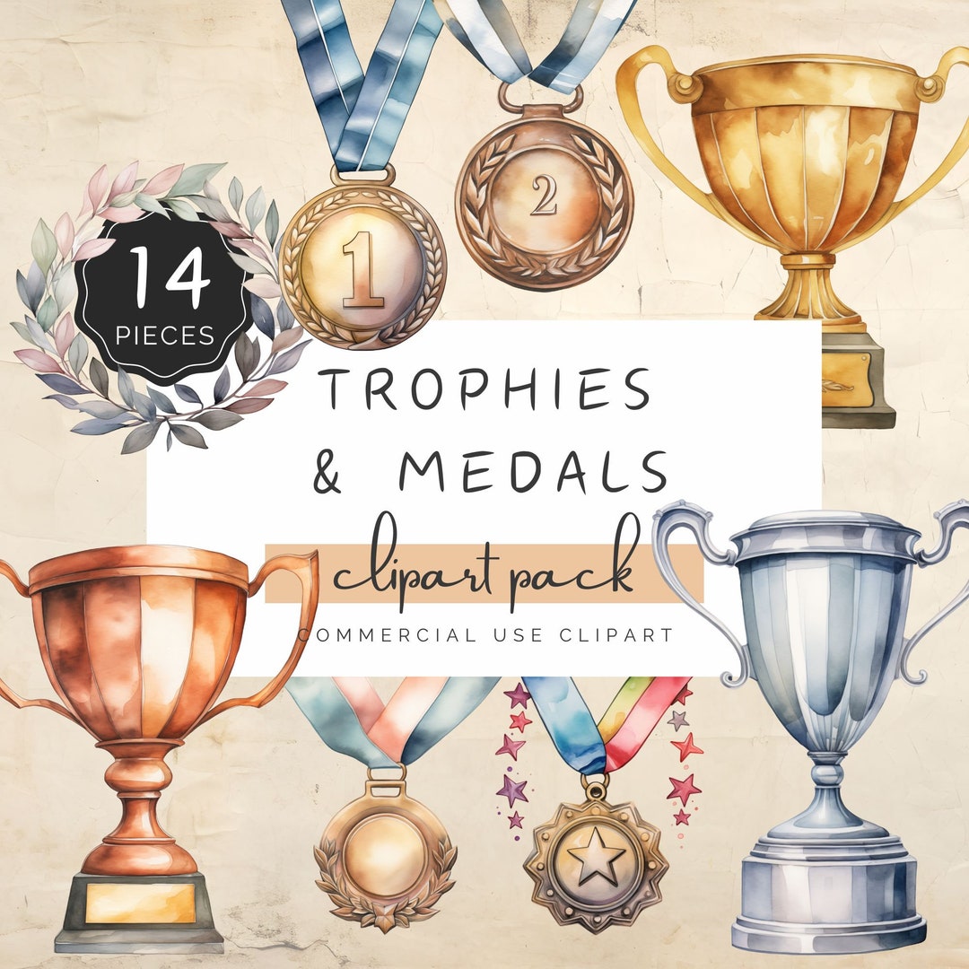 Sports Trophies and Medals Clipart Pack, Watercolor Laural Wreath for ...