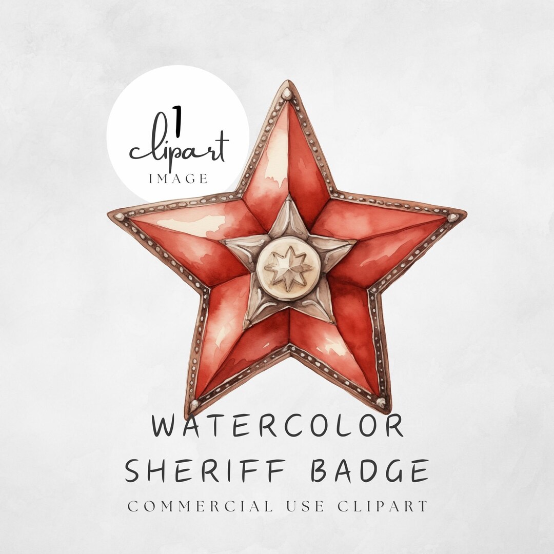 Cowboy Clipart Sheriff Badge, Red and Gold Star, Watercolor Sheriffs ...
